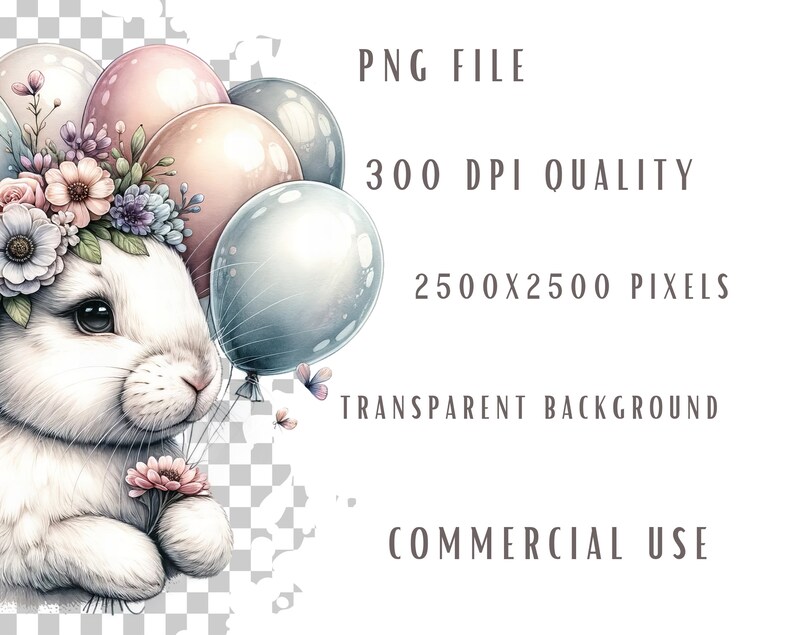 Bunny and Balloons Clipart Bundle, Bunny Nursery Print, Watercolor ...