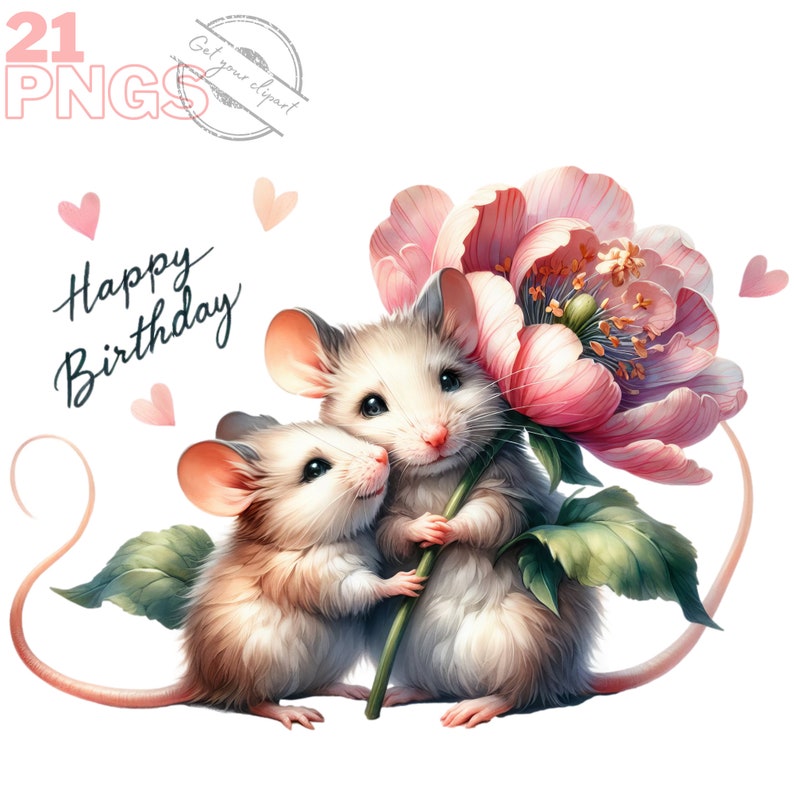 Happy Birthday Mice Clipart Bundle, Mice Pngs, Watercolor Mice Graphics ...