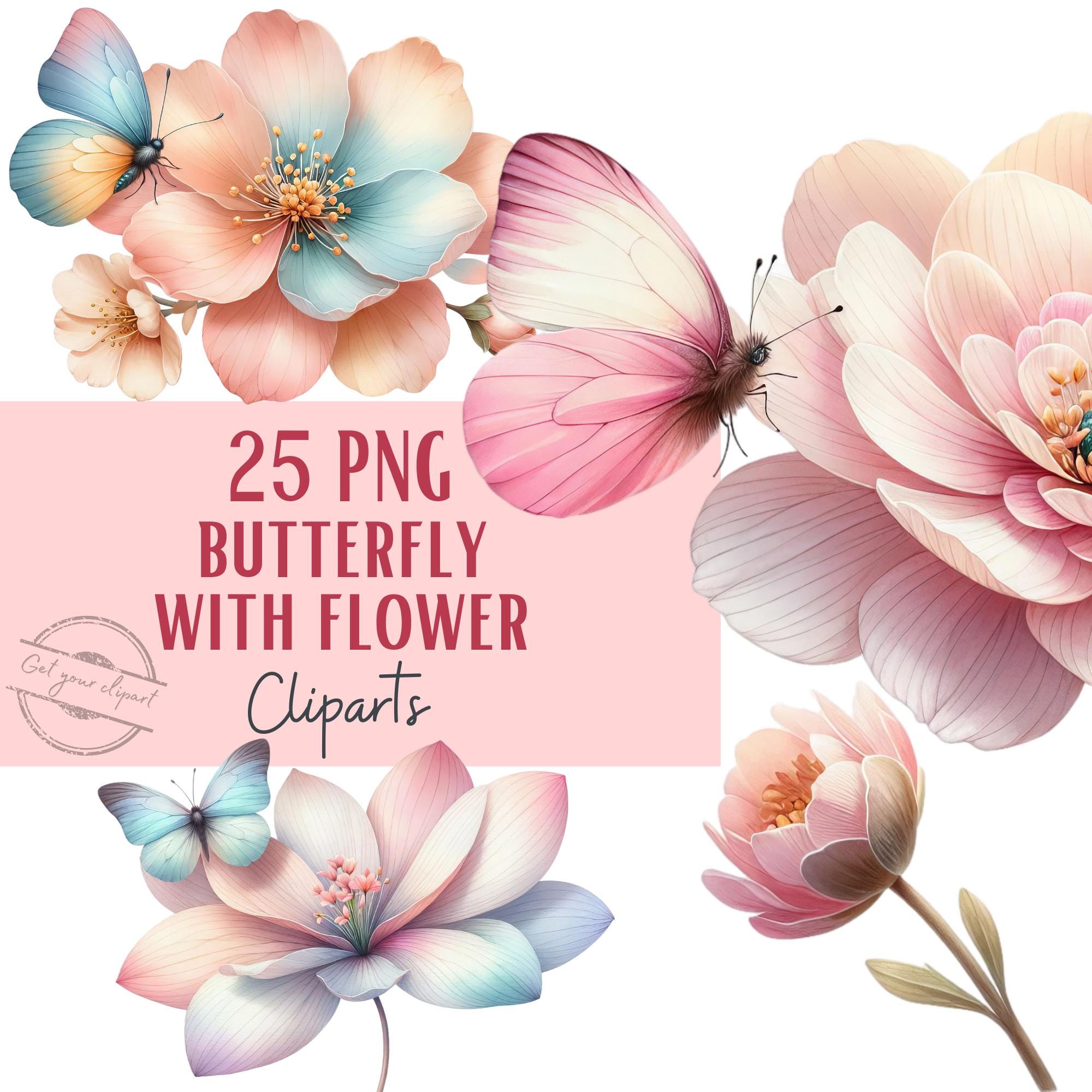 Butterfly and Flowers Clipart Bundle, Watercolor Flowers Clipart ...