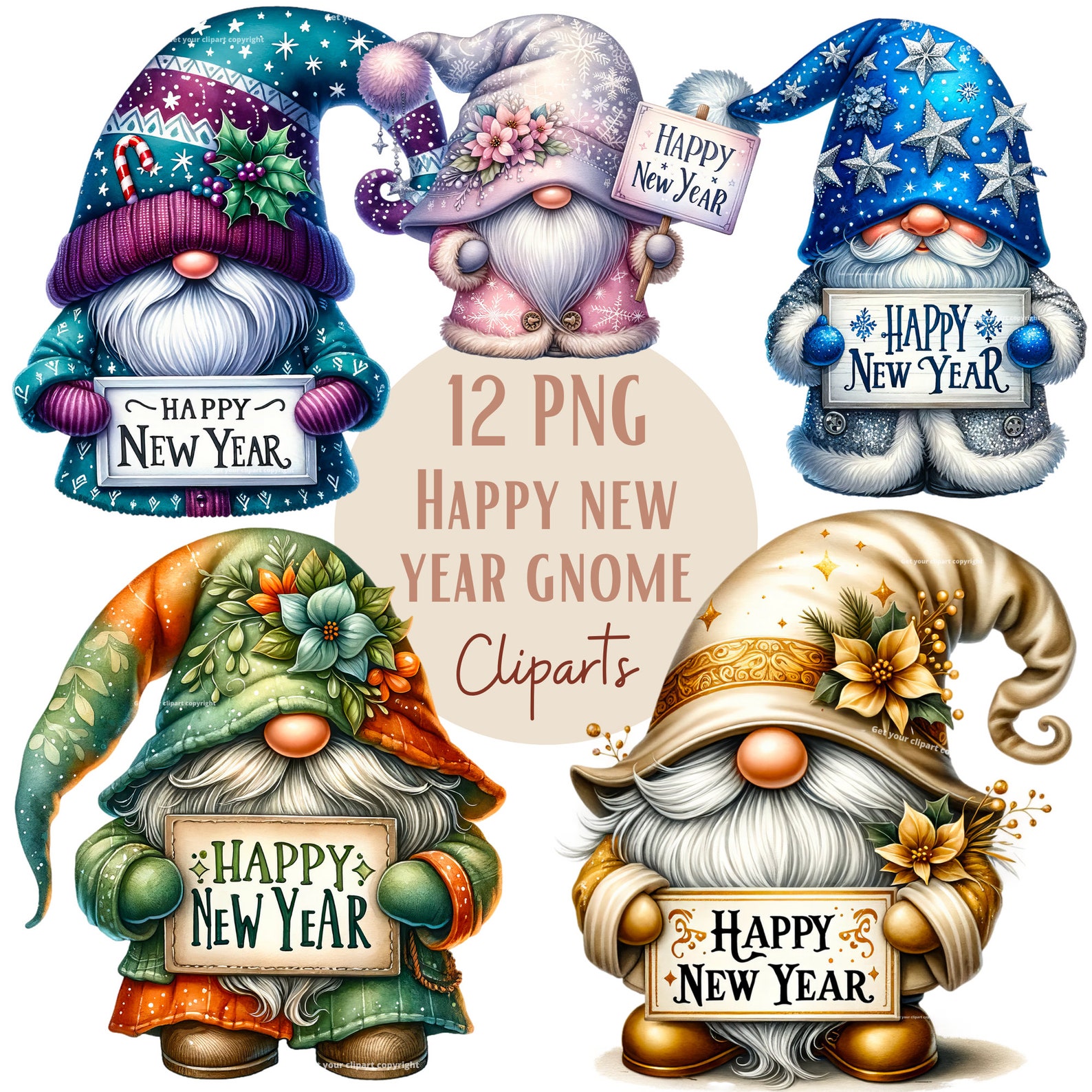 Happy New Year Gnomes Clipart Bundle, Happy New Year, Gnome Png ...