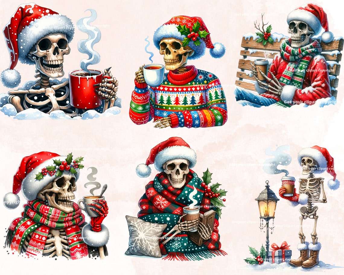 Christmas Skeletons Clipart Bundle, Set of 12, Transparent Background ...