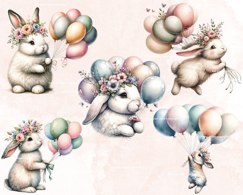 Bunny and Balloons Clipart Bundle, Bunny Nursery Print, Watercolor ...