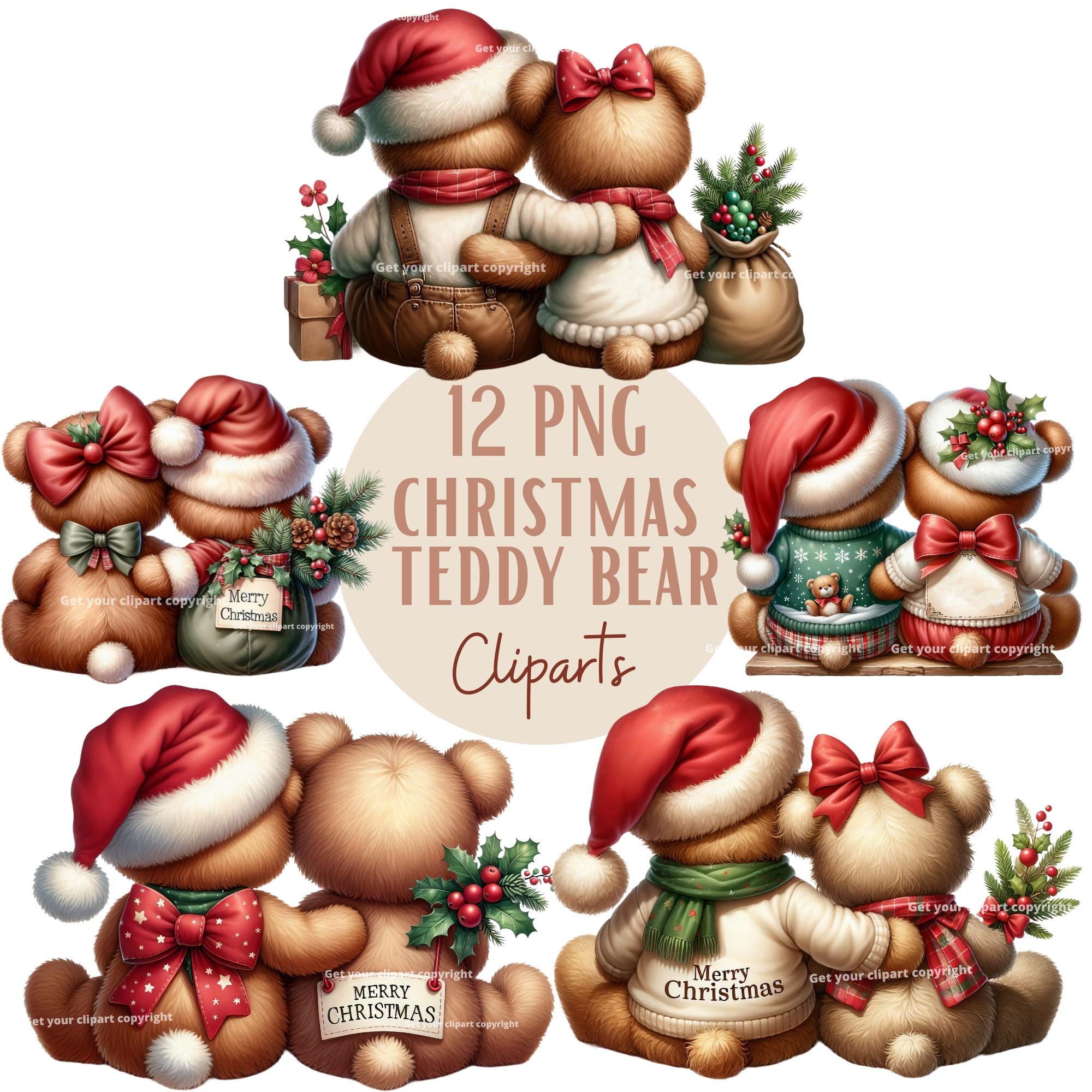 Christmas Teddy Bear Clipart Bundle, Watercolor Bear Ornaments, Festive ...