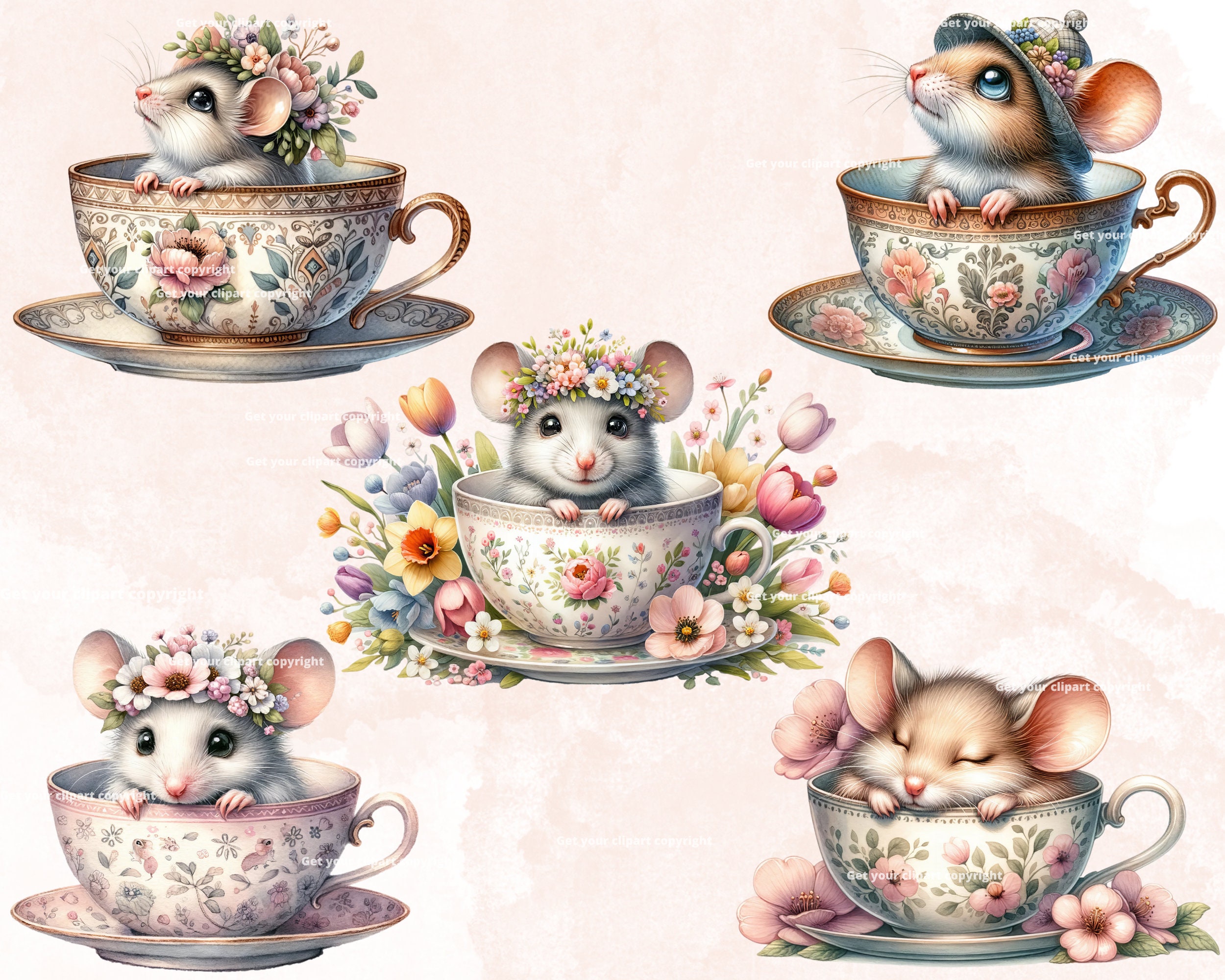 Mice in Tea Cup Clipart Bundle, Mice Pngs, Watercolor Mice Graphics ...