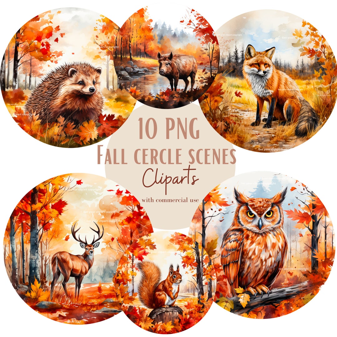 Fall Scenes Clipart Bundle, Woodland Animal Png Graphics, Set of 10 ...