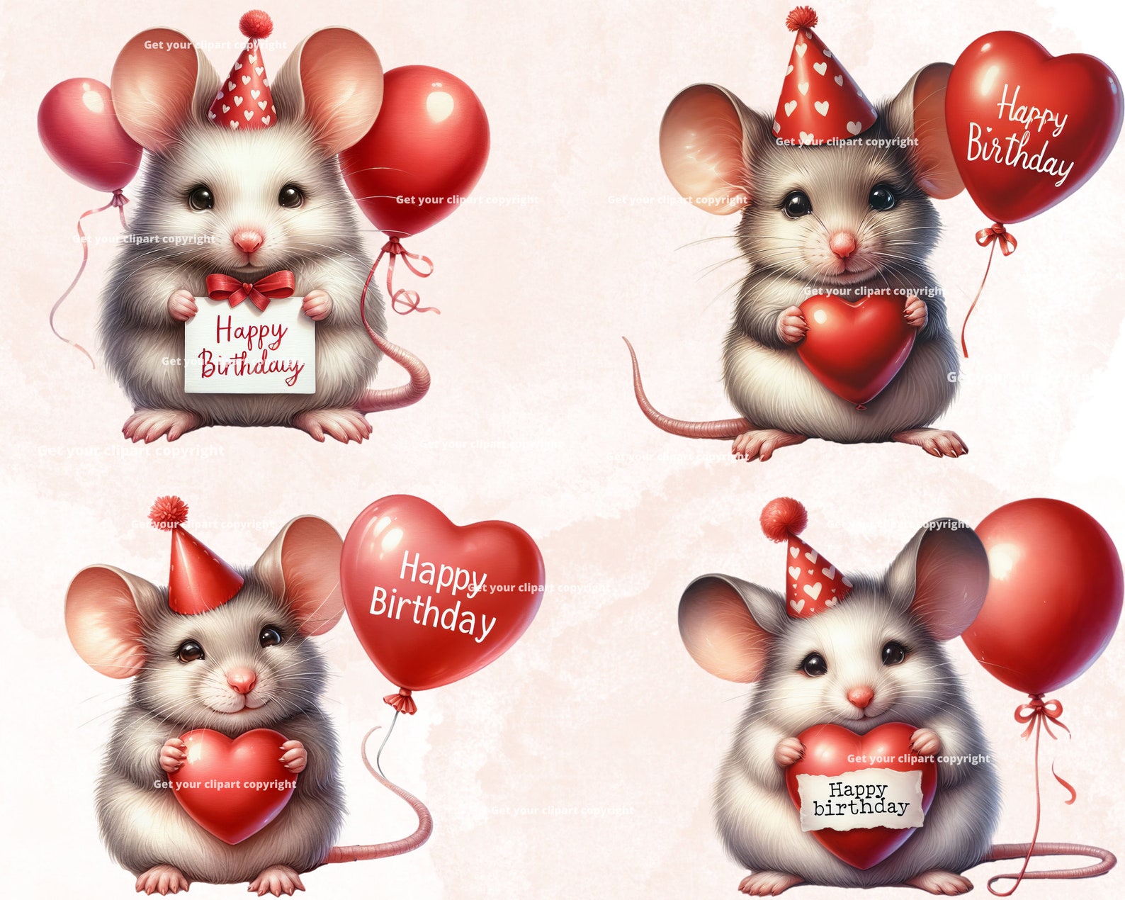 Happy Birthday Mice Clipart Bundle, Mice Pngs, Watercolor Mice Graphics ...