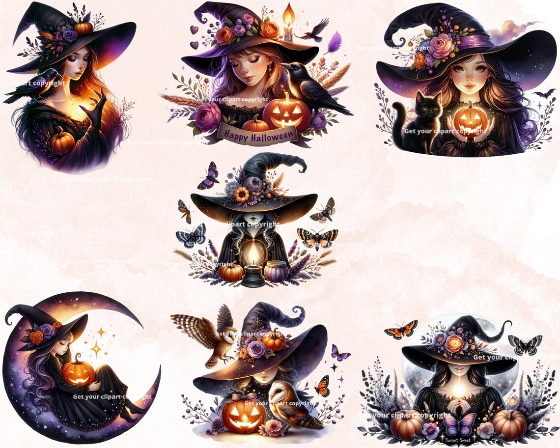 Halloween Witch Clipart Bundle, Halloween Png Bundle, Fantasy Clipart ...