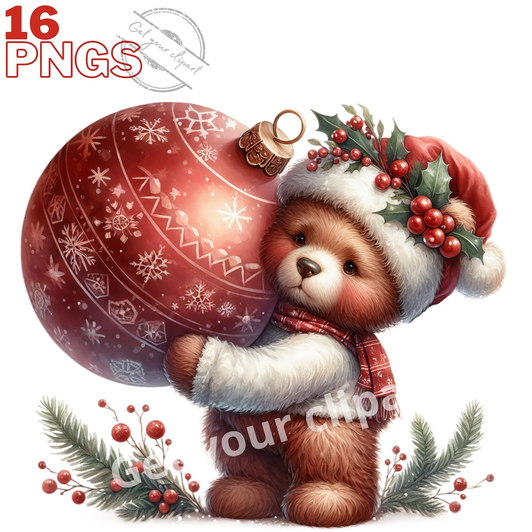 Christmas Teddy Bear Clipart Bundle, Watercolor Bear Ornaments, Festive ...