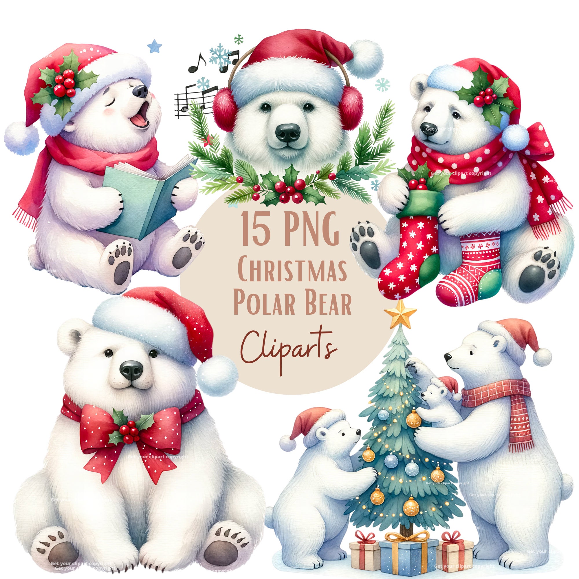 Polar Bear Clipart Bundle, Christmas Watercolor PNG, Transparent ...