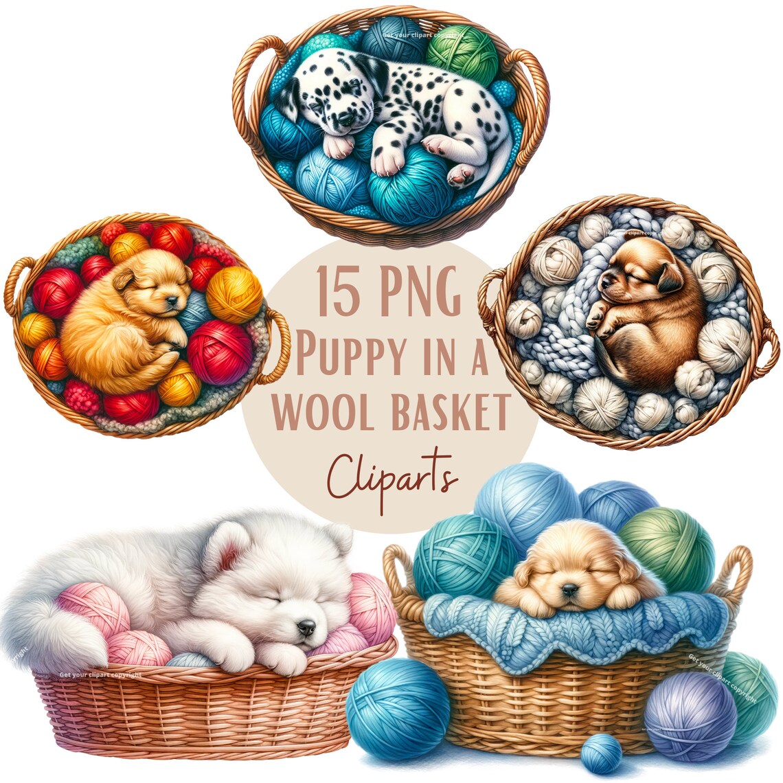 Puppy in a Wool Basket Clipart Bundle, Cute Cat Png Graphics, Printable ...