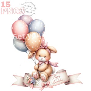 Happy Birthday Bunny Clipart Bundle, Cute Bunny, Birthday Balloons ...