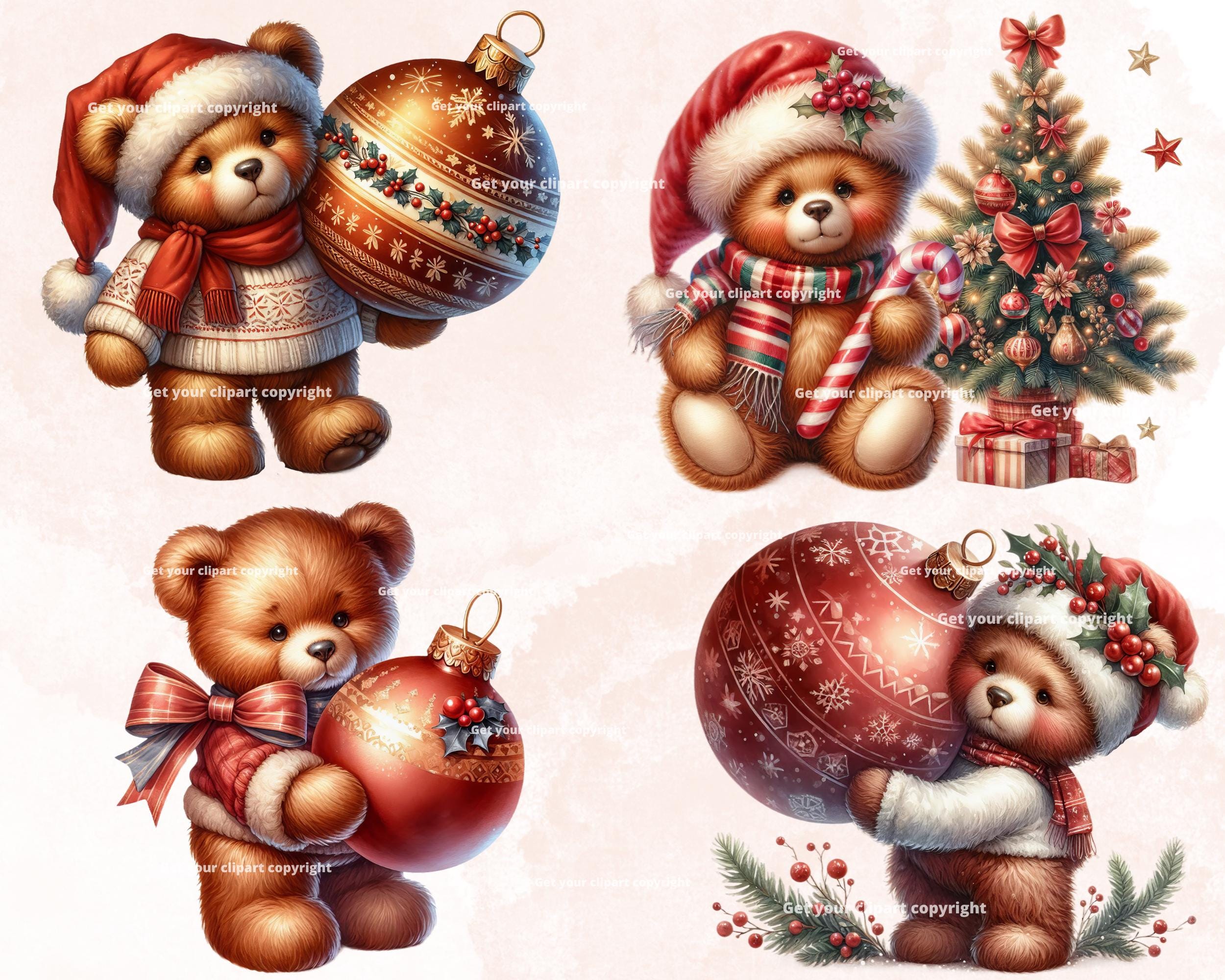 Christmas Teddy Bear Clipart Bundle, Watercolor Bear Ornaments, Festive ...