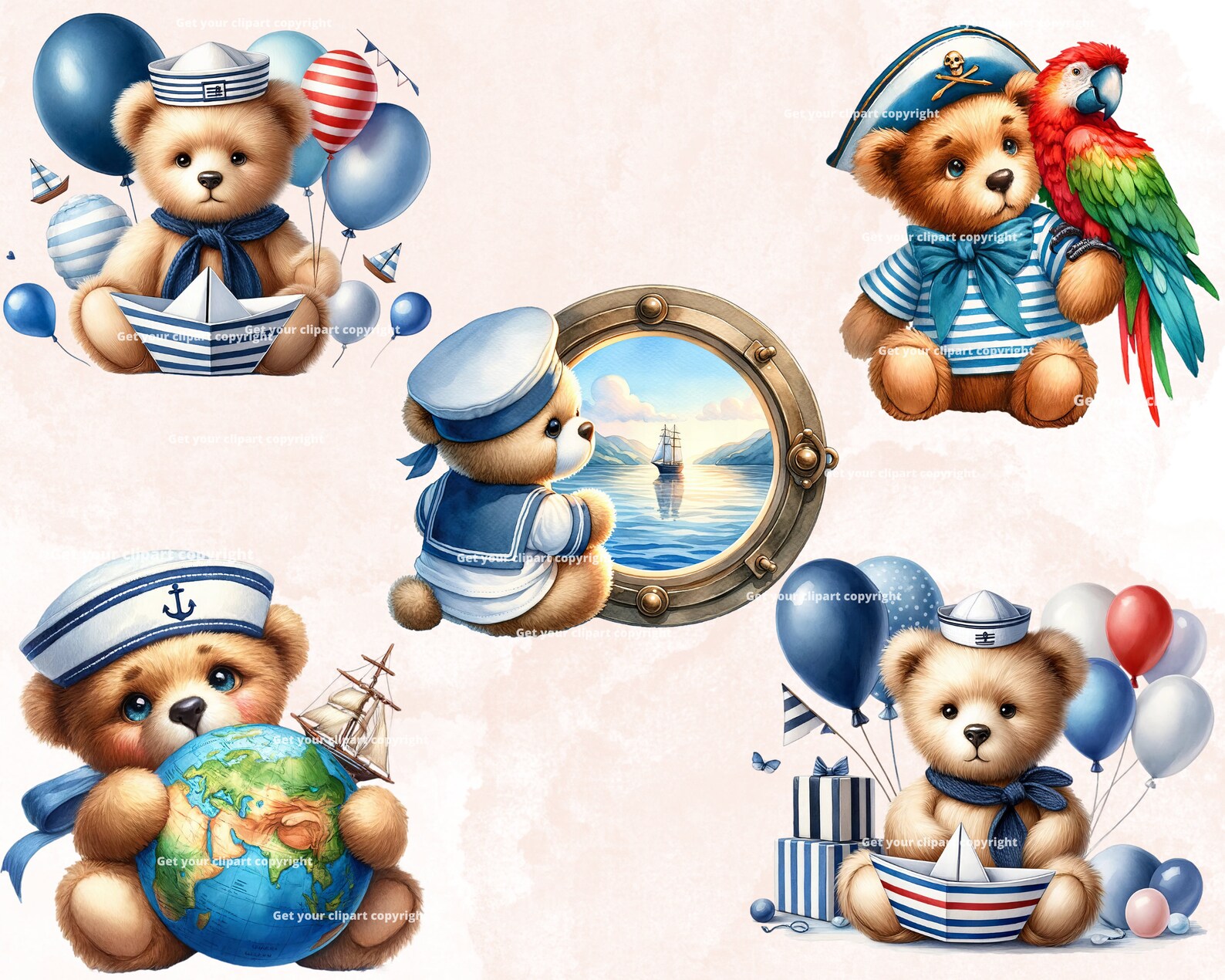 Nautical Teddy Bear Clipart, Nursery Graphics, Nautical Clipart, Teddy ...