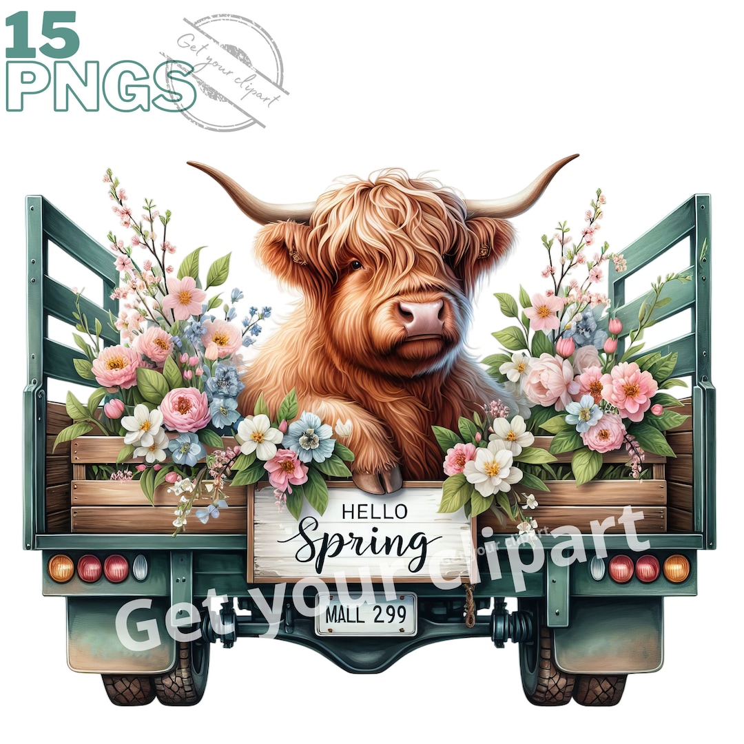 Spring Highland Cow Clipart Bundle, Printable Spring Graphics, Highland ...