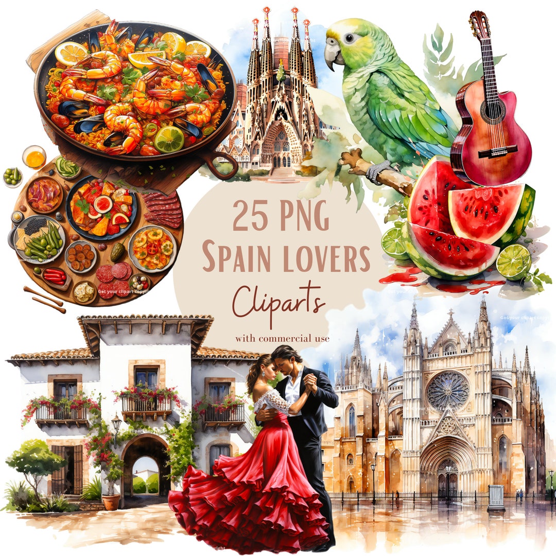 Watercolor Spain Travel Cliparts Bundle, Spanish Png Designs, Spanish ...