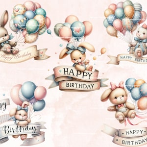 Happy Birthday Bunny Clipart Bundle, Cute Bunny, Birthday Balloons ...