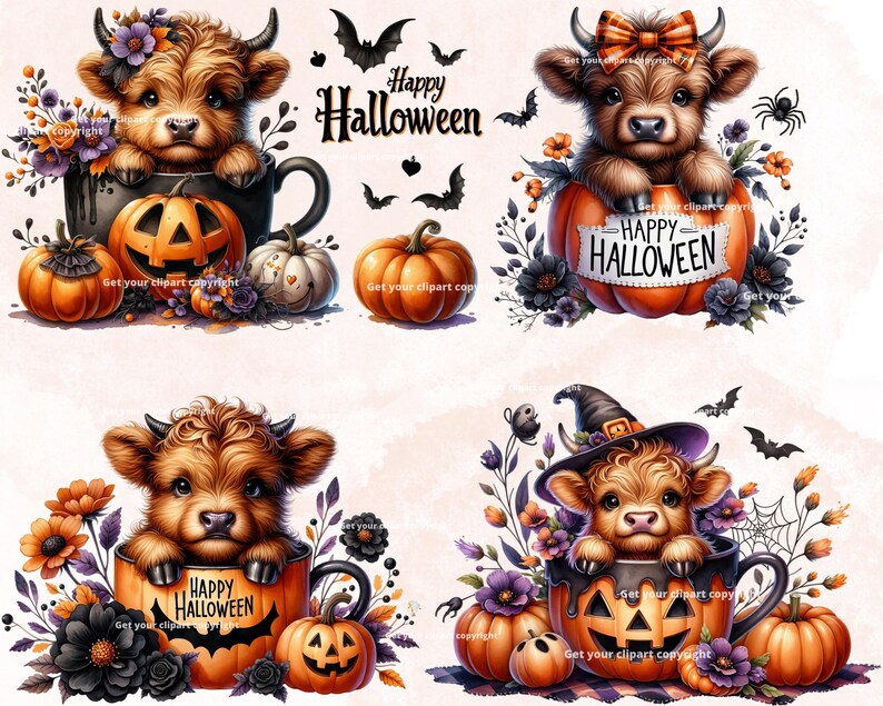 Halloween Baby Highland Cow Clipart Bundle, Highland Cow Clipart ...