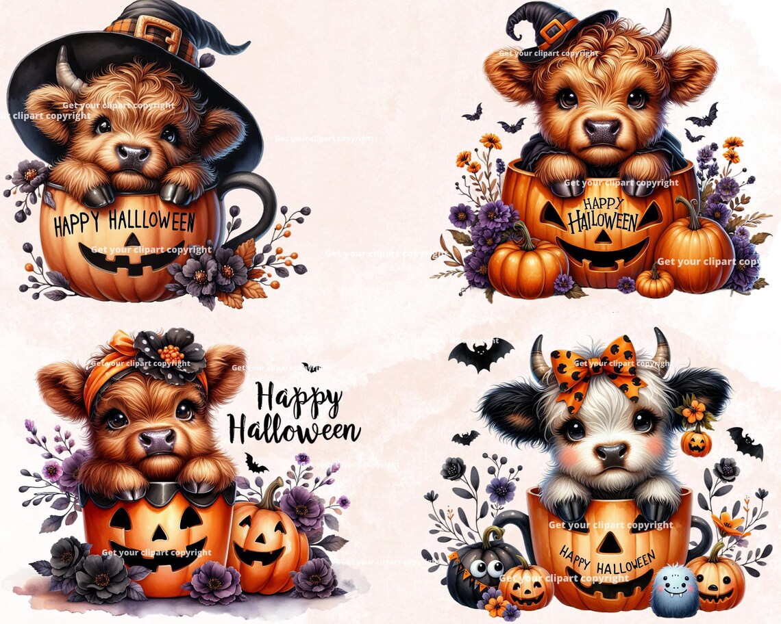 Halloween Baby Highland Cow Clipart Bundle, Highland Cow Clipart ...