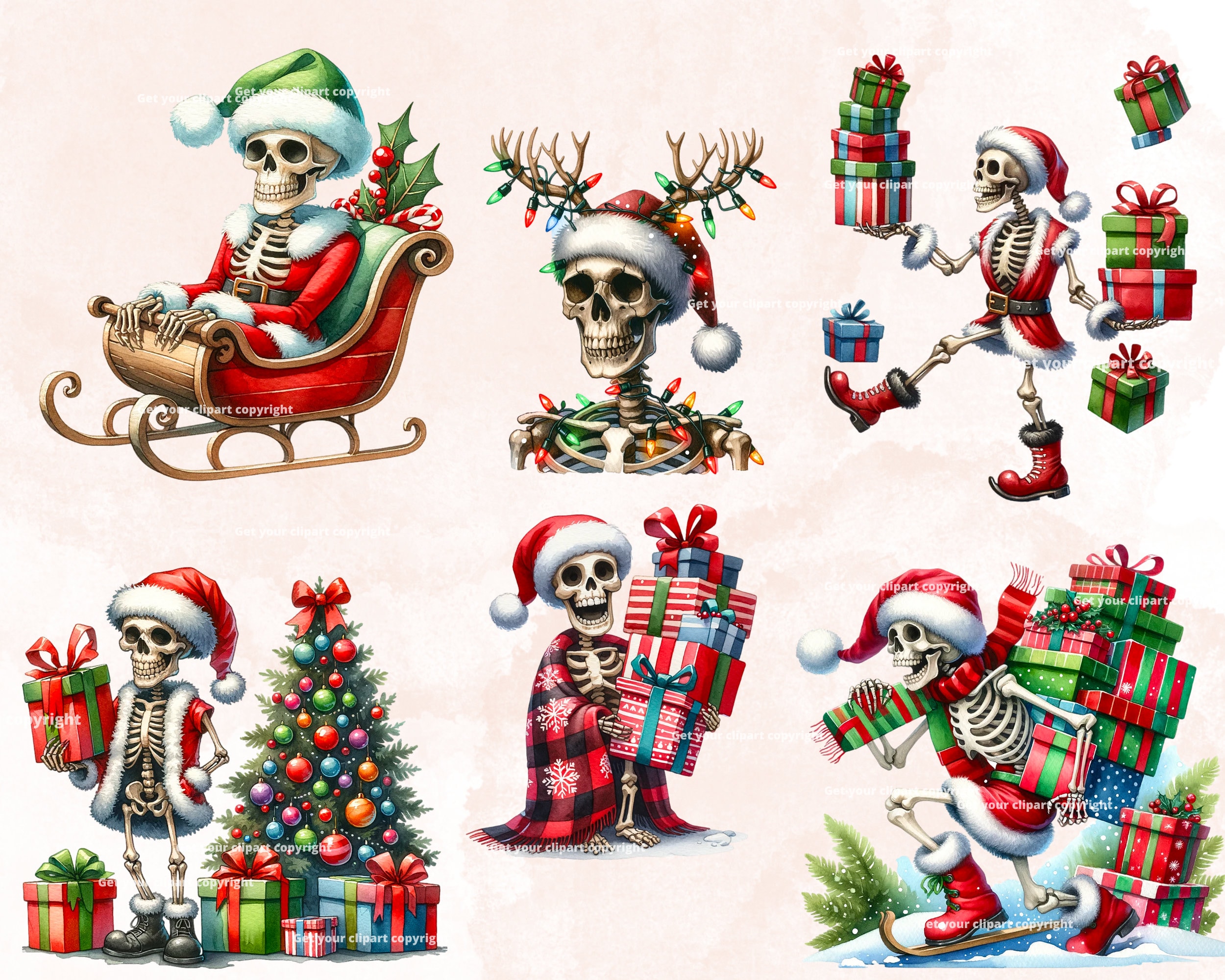 Christmas Skeletons Clipart Bundle, Set of 12, Transparent Background ...