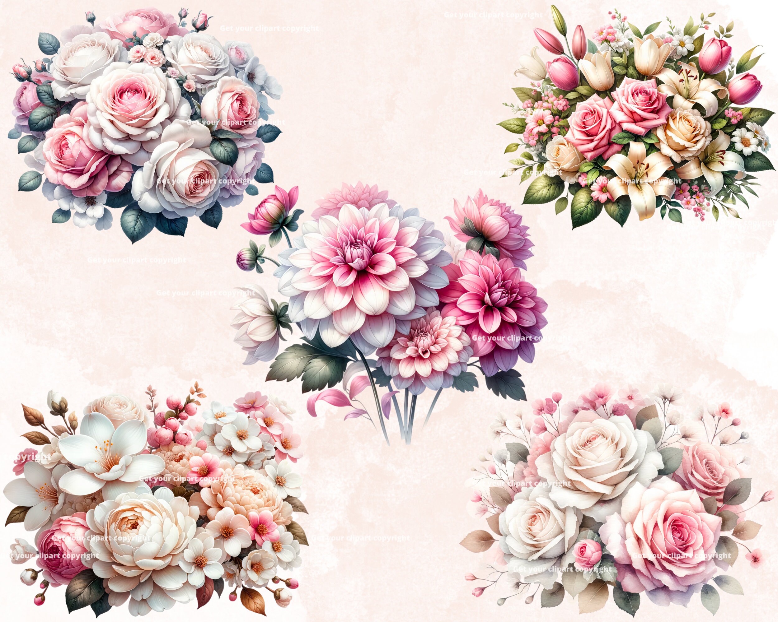 Valentines Bouquet Clipart Bundle, Watercolor Flowers Clipart ...