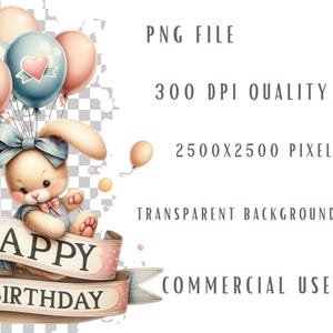 Happy Birthday Bunny Clipart Bundle, Cute Bunny, Birthday Balloons ...