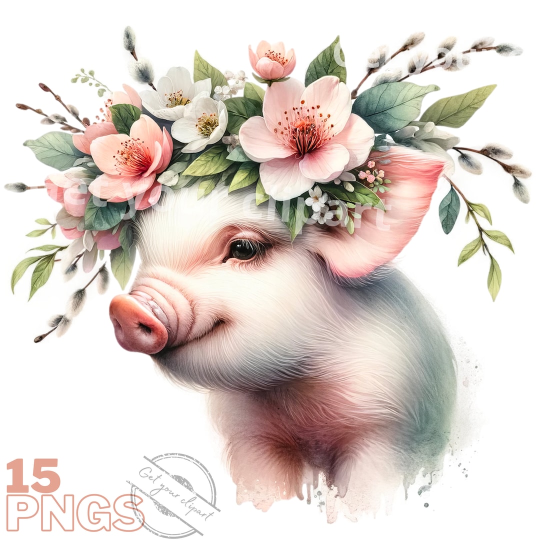 Floral Pig Clipart Bundle, Cute Pig, Farm Animal Clipart, Spring ...