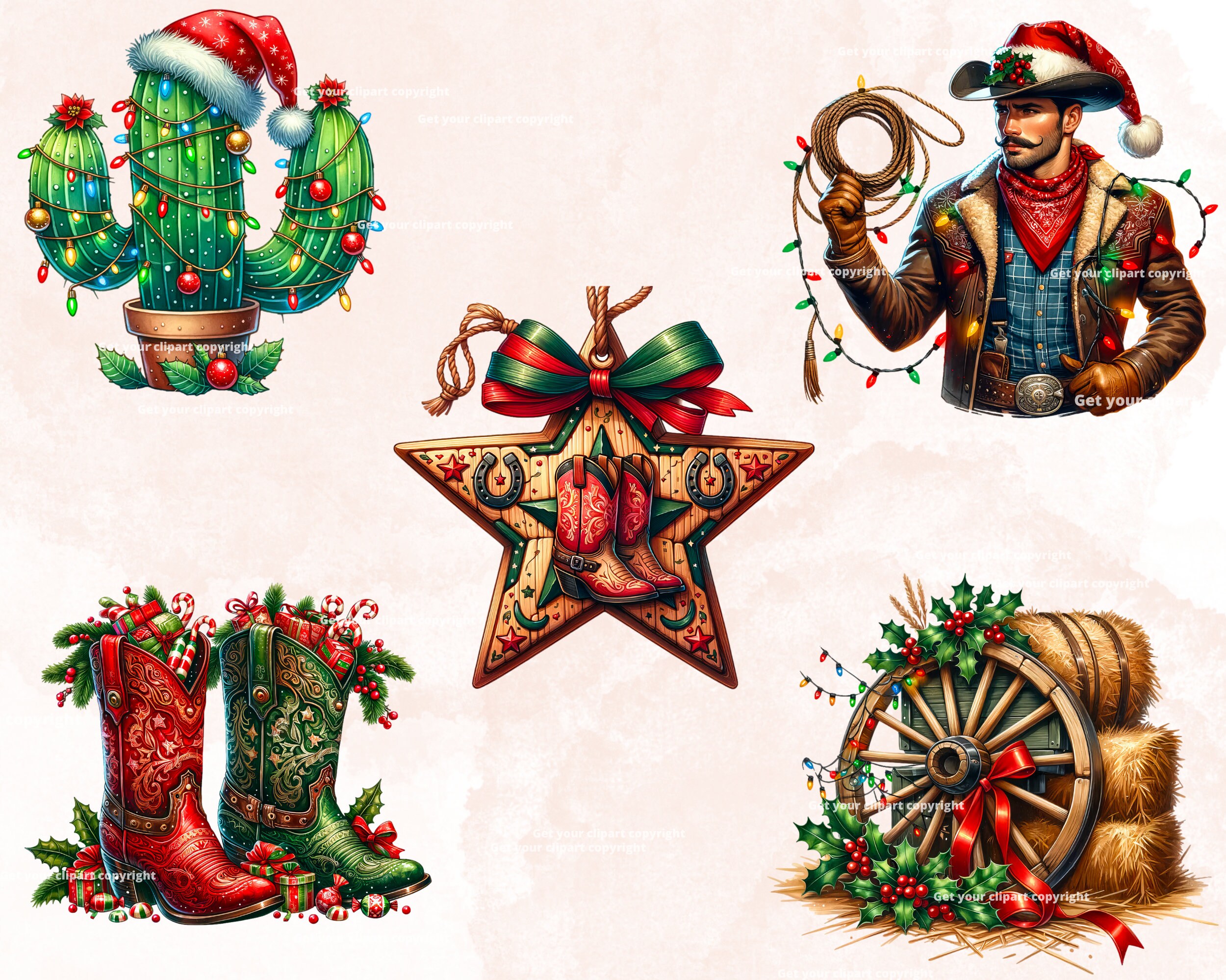 Christmas Western Clipart Bundle, Christmas Png Bundle, Set of 15 ...
