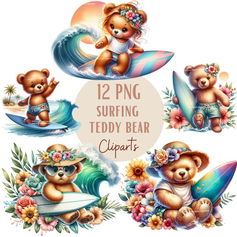 Surfing Teddy Bear Clipart Bundle, Nursery Graphics, Surf Clipart ...