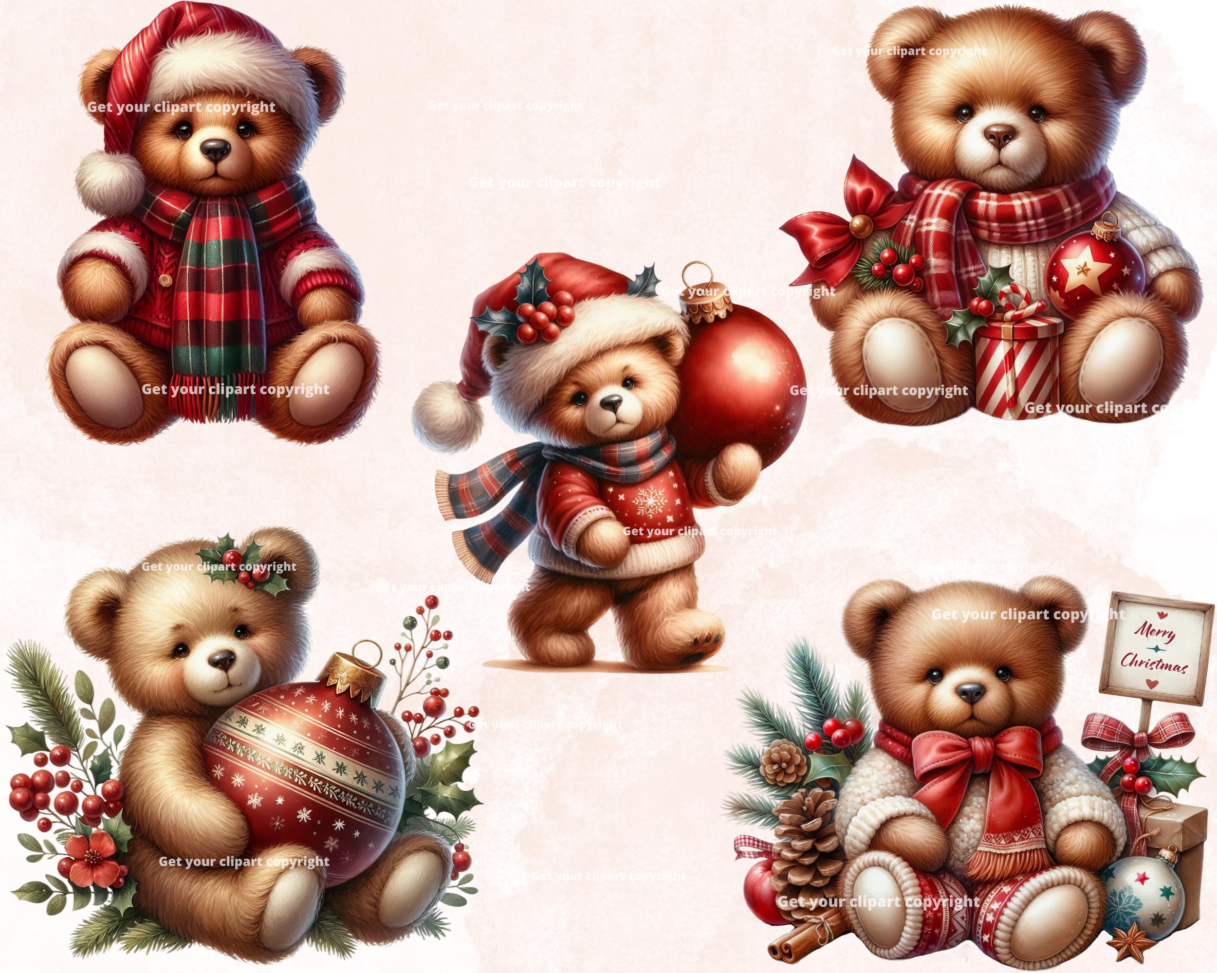 Christmas Teddy Bear Clipart Bundle, Watercolor Bear Ornaments, Festive ...