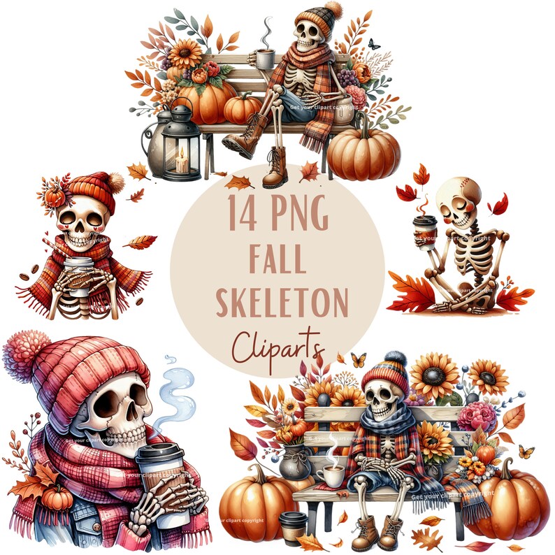 Fall Skeleton Clipart Bundle, Skeleton Drinking Coffee, Autumn Skeleton ...