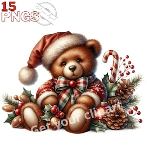 Christmas Teddy Bear Clipart Bundle, Watercolor Bear Ornaments, Festive ...