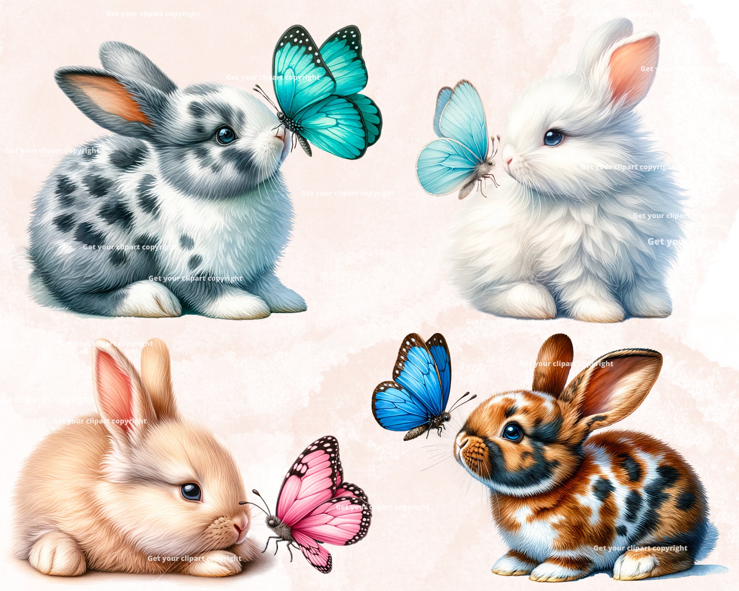 Bunny and Butterfly Clipart Bundle, Spring Designs, Watercolor Bunny ...