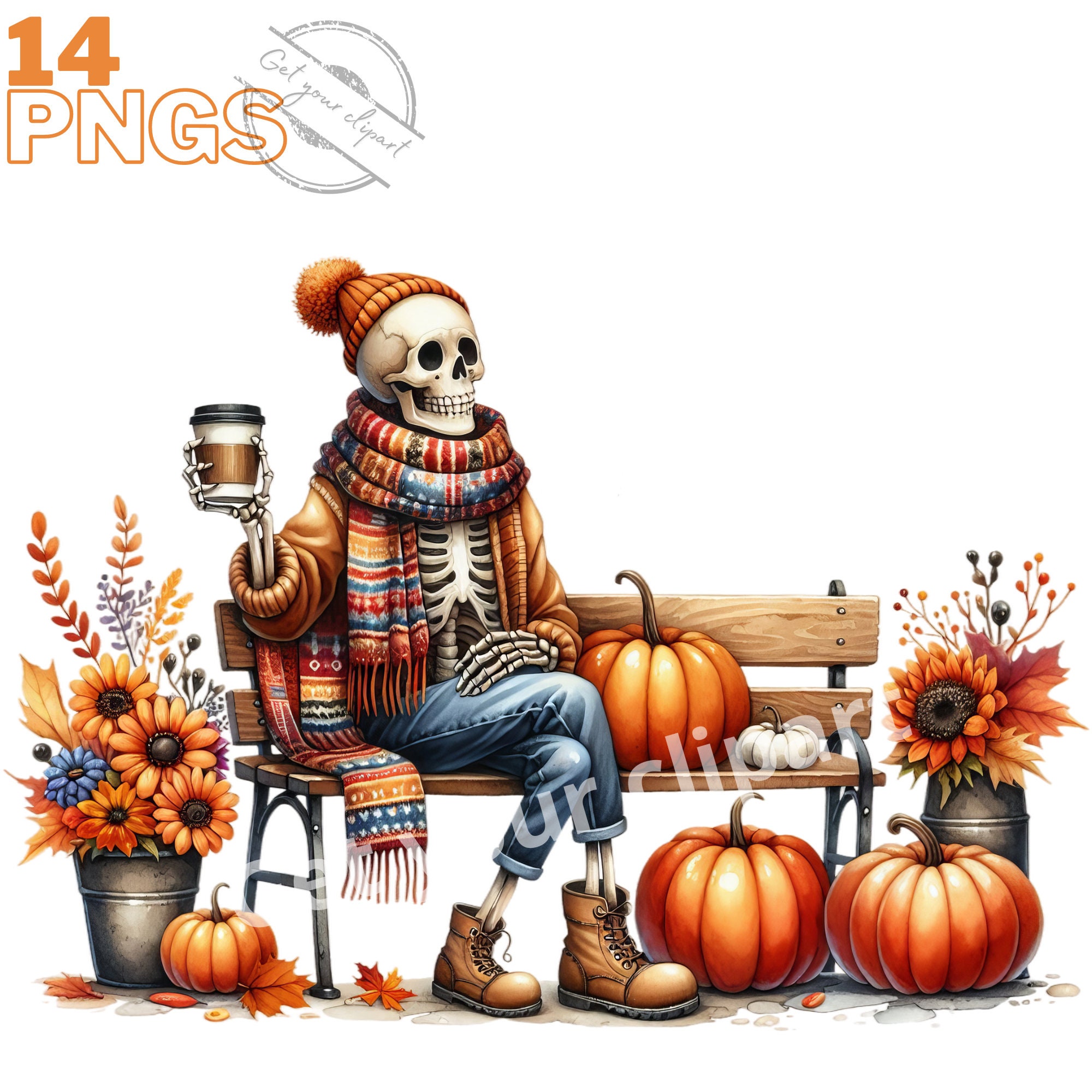 Fall Skeleton Clipart Bundle, Skeleton Drinking Coffee, Autumn Skeleton ...