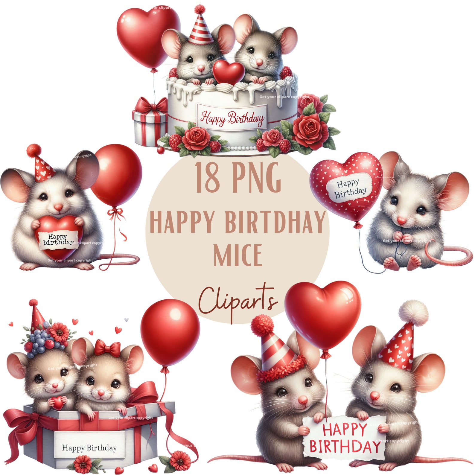 Happy Birthday Mice Clipart Bundle, Mice Pngs, Watercolor Mice Graphics ...