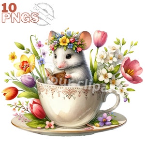 Mice in Tea Cup Clipart Bundle, Mice Pngs, Watercolor Mice Graphics ...