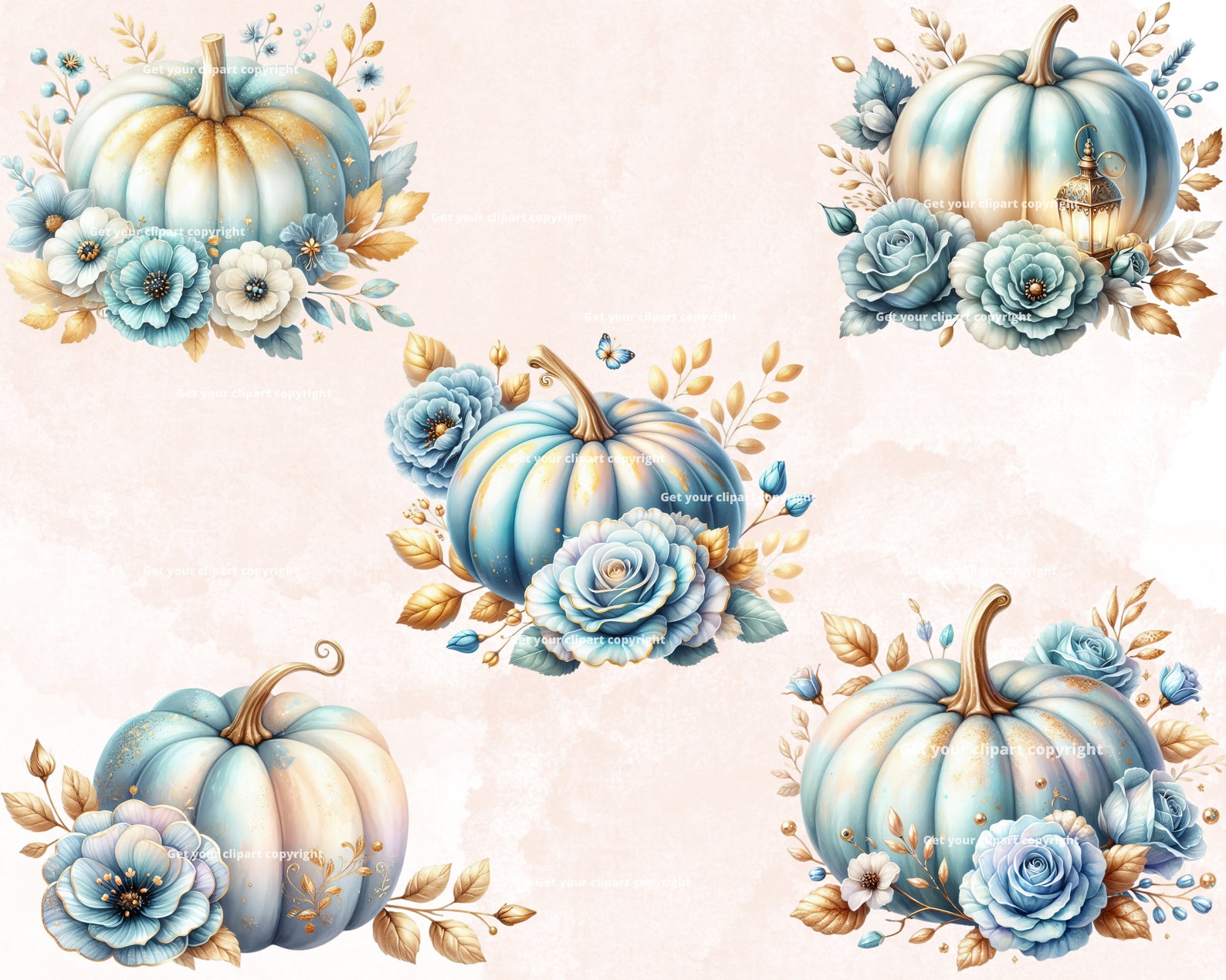 Blue Pumpkin Clipart Bundle, Floral Pumpkin Graphics, Fall Printable ...