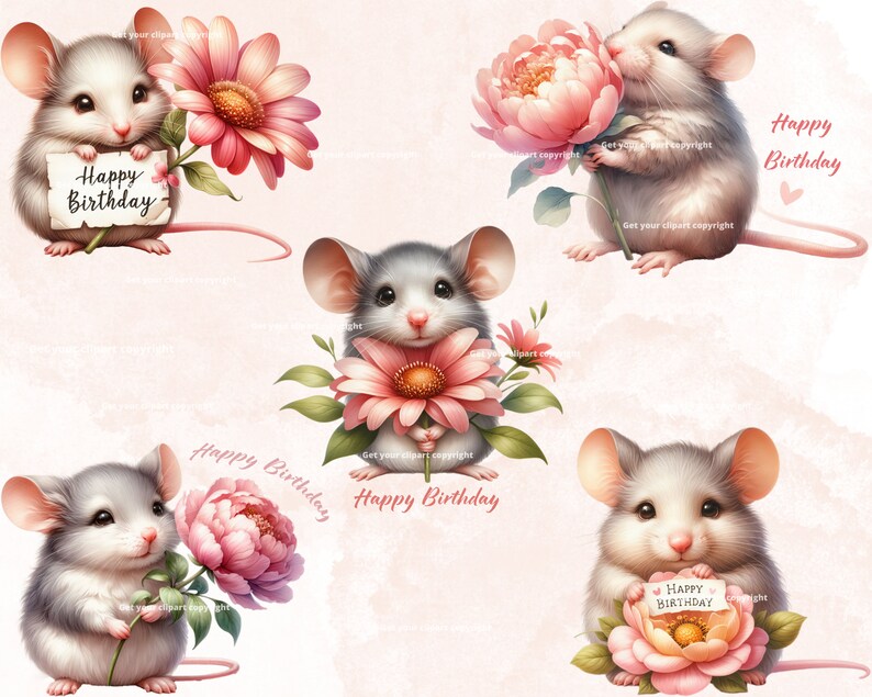 Happy Birthday Mice Clipart Bundle, Mice Pngs, Watercolor Mice Graphics ...
