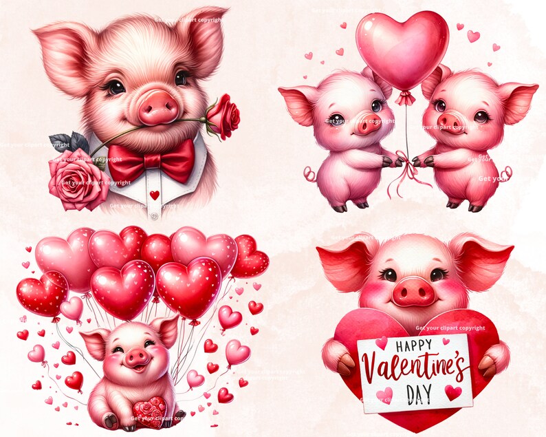 Valentines Pig Clipart Bundle, Cute Pig, Set of 12, Transparent ...