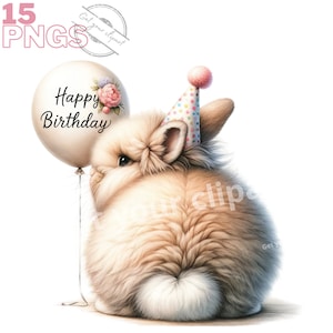 Happy Birthday Bunny Clipart Bundle, Cute Bunny, Birthday Balloons ...
