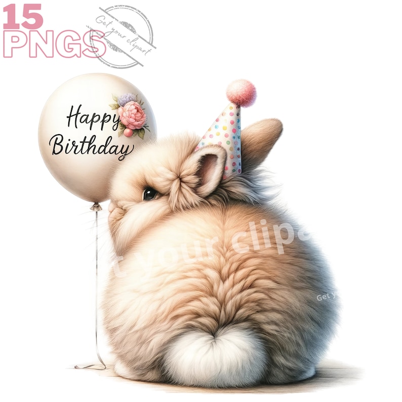 Happy Birthday Bunny Clipart Bundle, Cute Bunny, Birthday Balloons ...