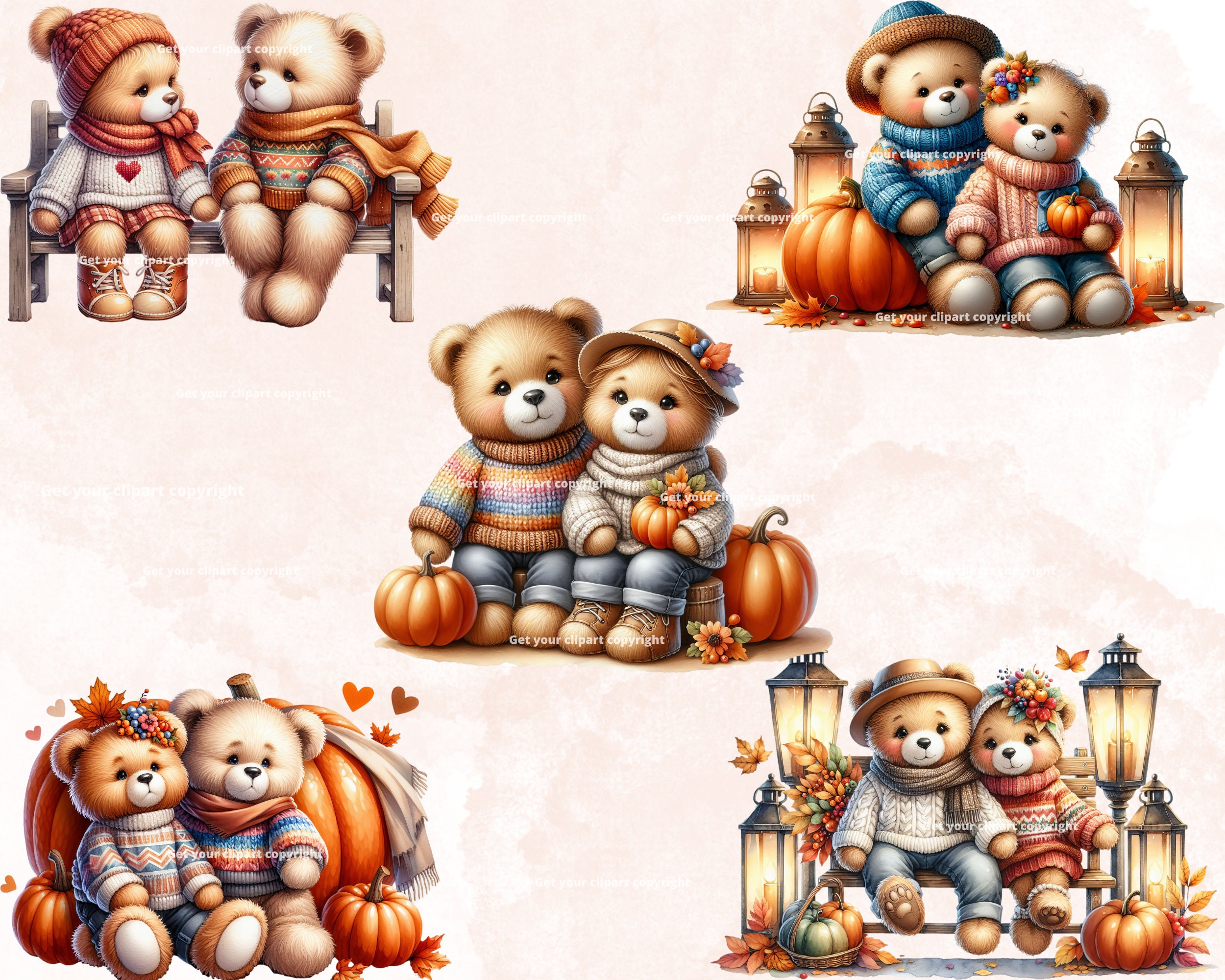 Fall Teddy Bears Couple Clipart Bundle, Teddy Bear Clipart, Teddy Bear ...