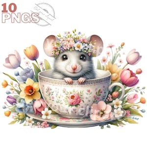 Mice in Tea Cup Clipart Bundle, Mice Pngs, Watercolor Mice Graphics, Cute Mice With Transparent ...