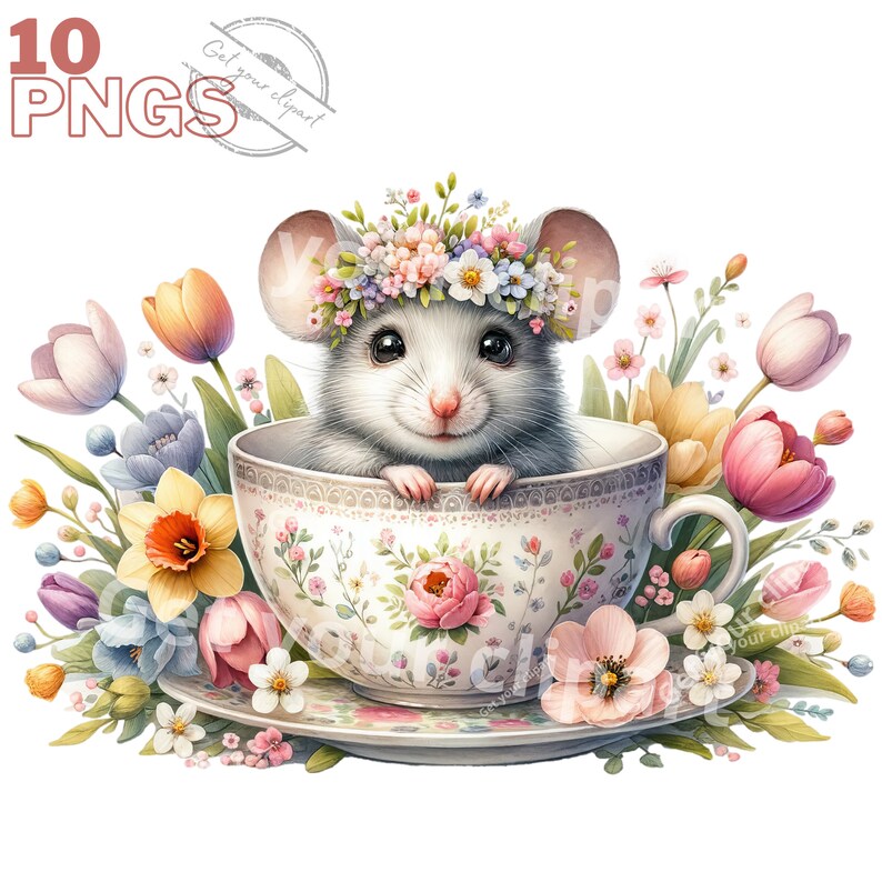 Mice in Tea Cup Clipart Bundle, Mice Pngs, Watercolor Mice Graphics ...