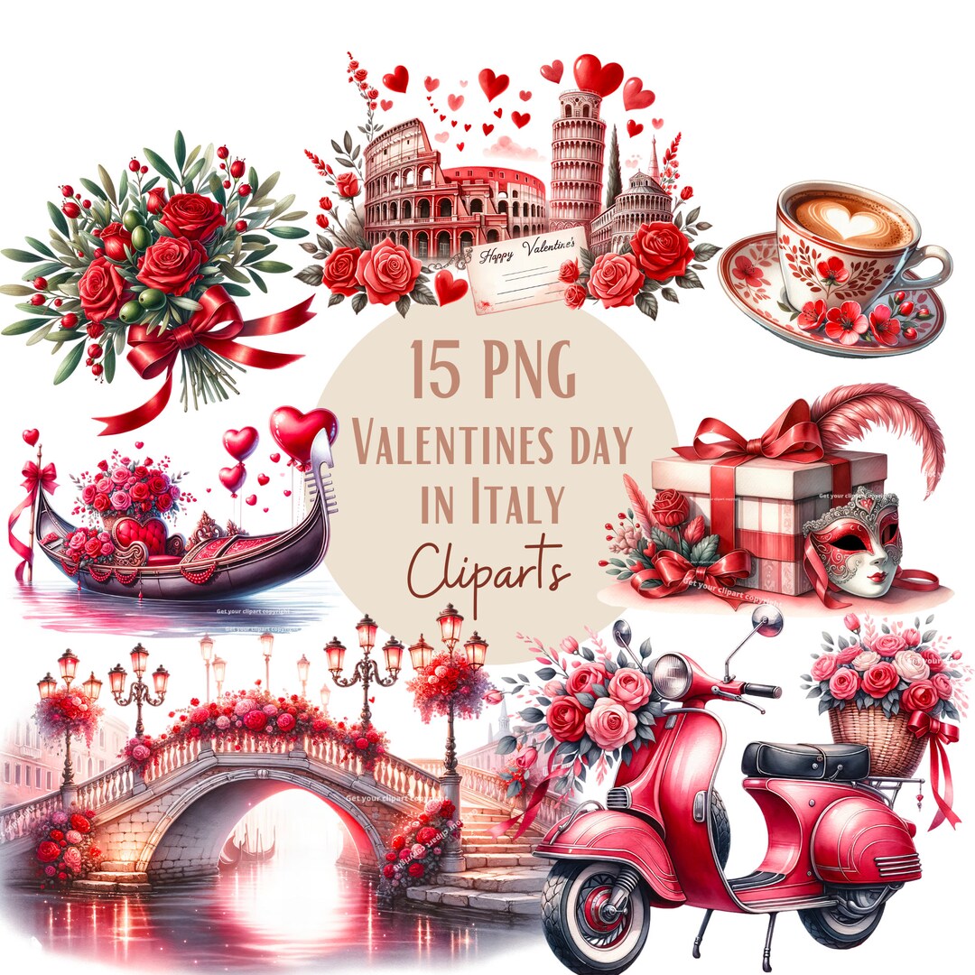Valentines Day in Italy, Watercolor Italy Travel Clipart, Valentines ...
