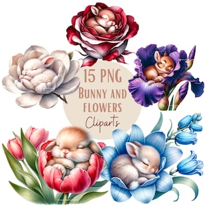 Bunny and Flowers Clipart Bundle, Bunny Nursery Print, Watercolor Bunny ...
