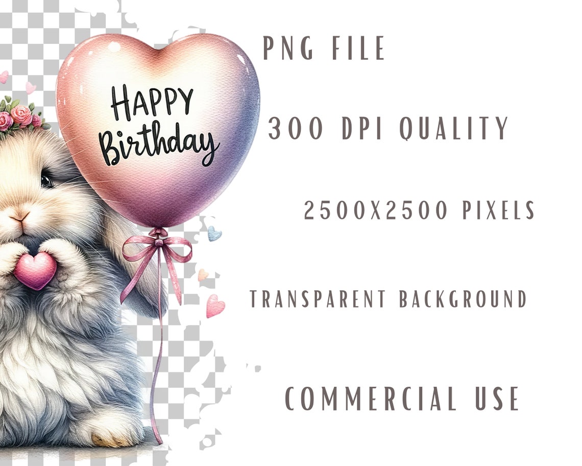 Happy Birthday Bunny Clipart Bundle, Cute Bunny, Birthday Balloons ...