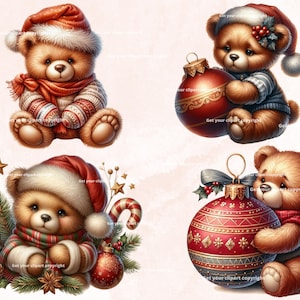 Christmas Teddy Bear Clipart Bundle, Watercolor Bear Ornaments, Festive ...