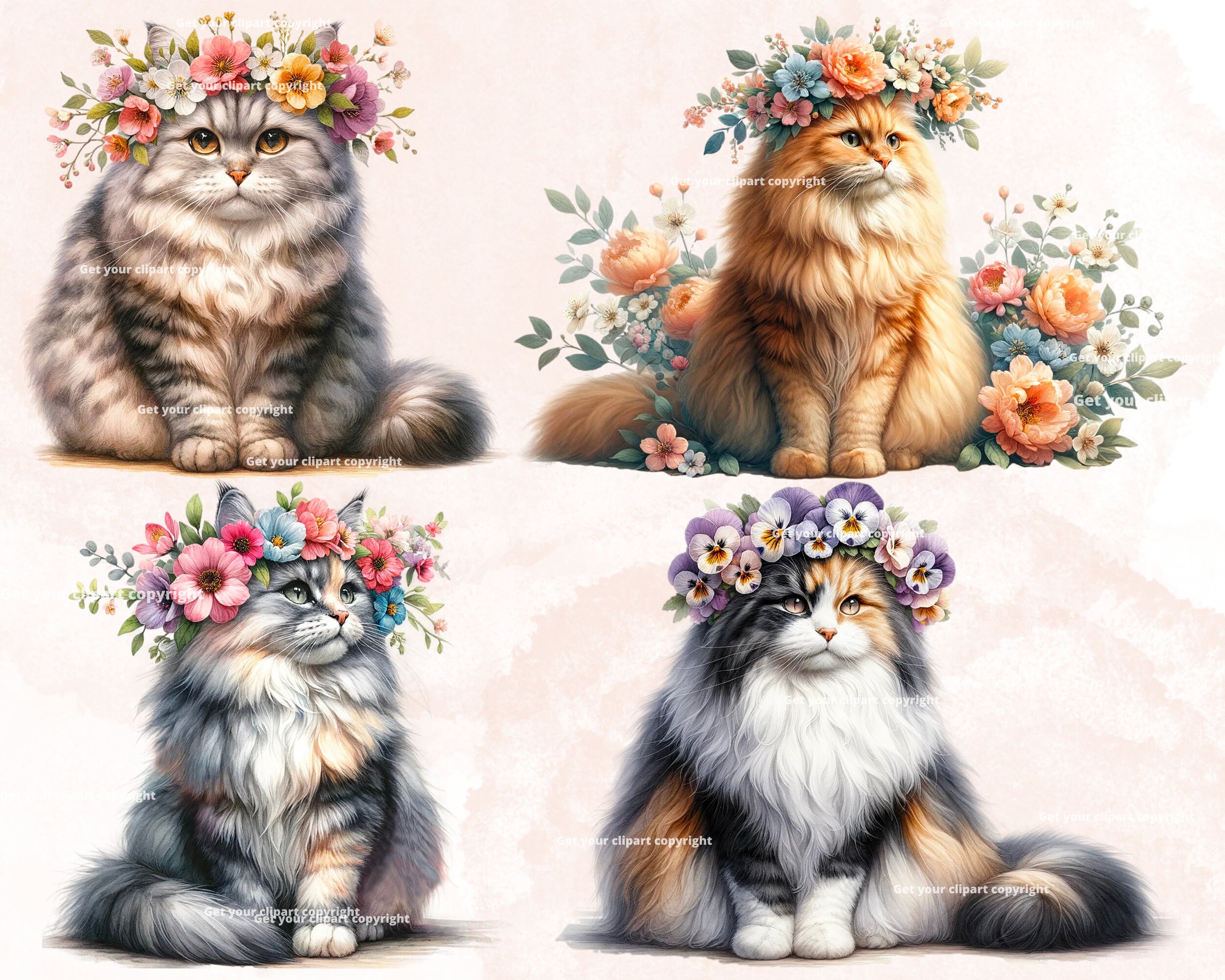 Cats and Flowers Clipart Bundle, Spring Cats, Watercolor Cats Graphics ...