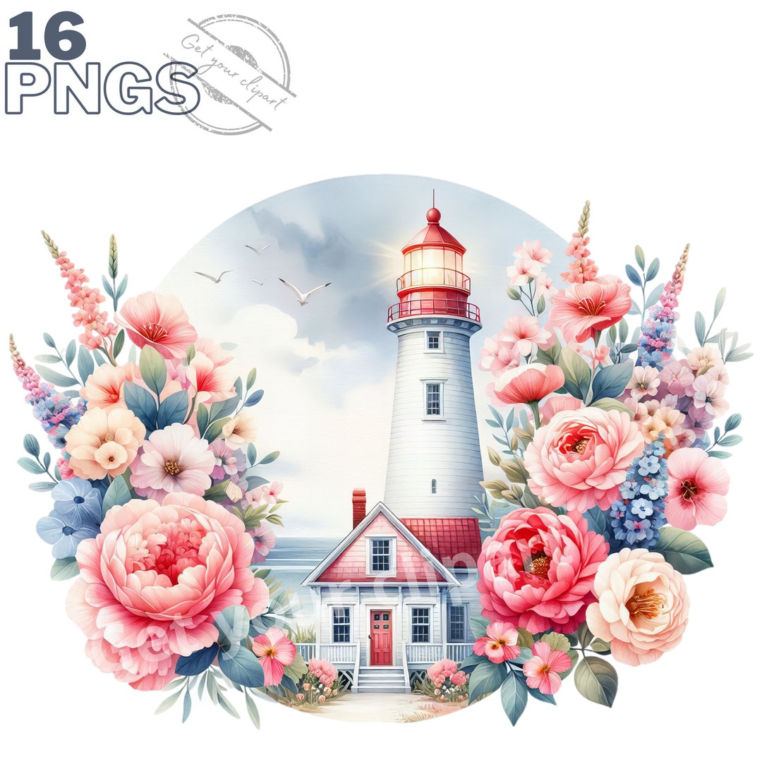 Floral Lighthouse Clipart Bundle, Nautical Graphics, Nautical Png ...