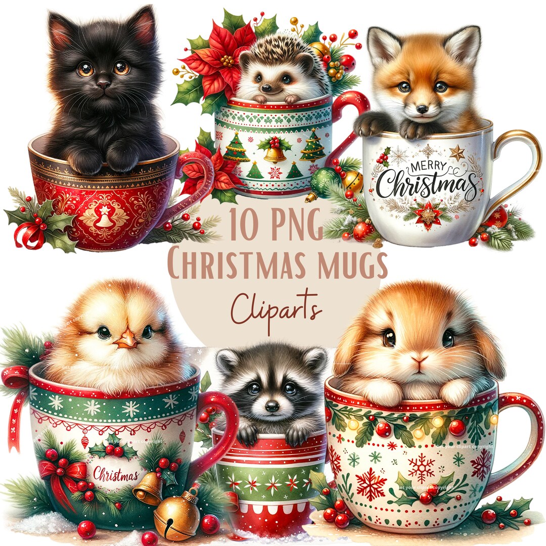 Christmas Mugs Watercolor Clipart Bundle, Christmas Png Bundle, Set of ...